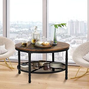 STHOUYN Small Round Coffee Table with Storage, Rustic Center Table for Living Room, Wood Surface Top & Metal Legs & Open 2-Tier Shelf, Save Space, Brown