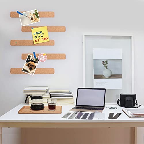 LotFancy Cork Board Strips 15” x 2”, Pack of 5, 1/2 in Thickness, Bulletin Bar Strips Bonus 15 Push Pins, Self-Adhesive Corkboard Strips for Office, Home