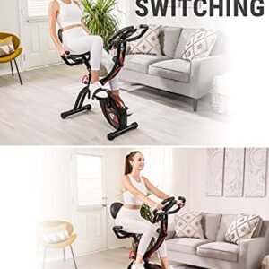 HAPBEAR Folding Exercise Bike Magnetic Foldable Stationary Bike, 3 in 1 Mode Indoor Upright Fitness Workout X-Bike with 8-Level Resistance and Arm Resistance Band, Pulse Sensor,LCD Monitor