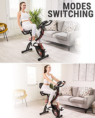 HAPBEAR Folding Exercise Bike Magnetic Foldable Stationary Bike, 3 in 1 Mode Indoor Upright Fitness Workout X-Bike with 8-Level Resistance and Arm Resistance Band, Pulse Sensor,LCD Monitor