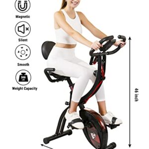 HAPBEAR Folding Exercise Bike Magnetic Foldable Stationary Bike, 3 in 1 Mode Indoor Upright Fitness Workout X-Bike with 8-Level Resistance and Arm Resistance Band, Pulse Sensor,LCD Monitor