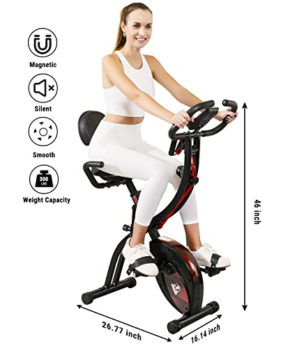 HAPBEAR Folding Exercise Bike Magnetic Foldable Stationary Bike, 3 in 1 Mode Indoor Upright Fitness Workout X-Bike with 8-Level Resistance and Arm Resistance Band, Pulse Sensor,LCD Monitor