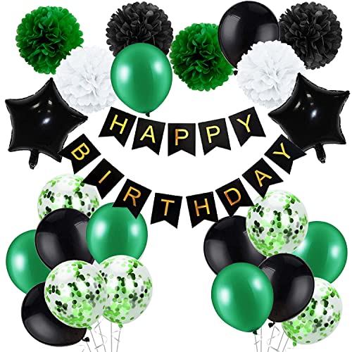 Birthday Decorations for Men Green and Black Party Decor Supplies Boy Including Happy Birthday Banner Confetti Latex Balloon Foil Balloon and Ribbon