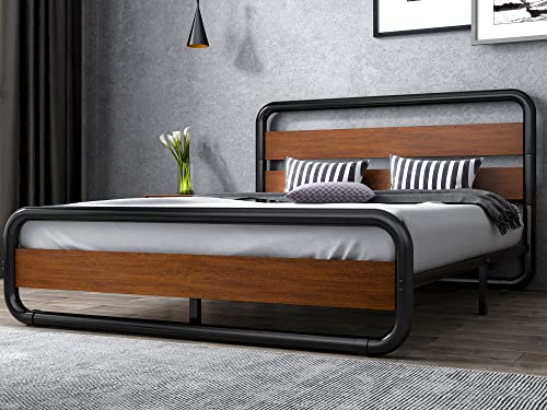 SHA CERLIN Full Size Metal Bed Frame with Wooden Headboard and Footboard, Heavy Duty Platform Frame with Under-Bed Storage, Noise Free, No Box Spring Needed, Walnut