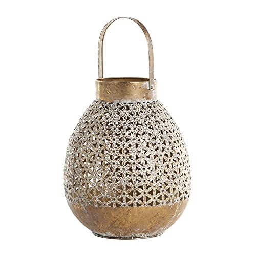 Deco 79 Metal Laser Cut Metal Candle Lantern with Moroccan Pattern, 13" x 14" x 16", Gold