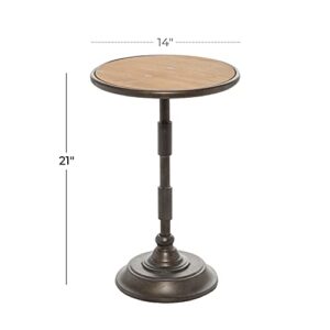 Deco 79 Metal Round Accent Table with Brown Wood Top, 14" x 14" x 21", Black, CONVENIENTLY SIZED