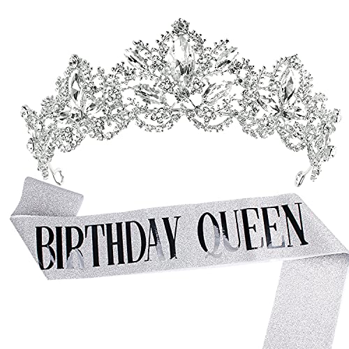 Birthday Crowns for Women, Aprince Birthday Tiaras for Women Crowns and Tiaras for Women Girls Birthday Crown and Birthday Queen Sash Silver Crown Queen tiara for Wedding Prom Party Halloween