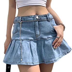 Dqbeng Womens Jean Skirt Y2K High Waist A-Line Ruffle Pleated Denim Mini Skirt (LightBlue-S)