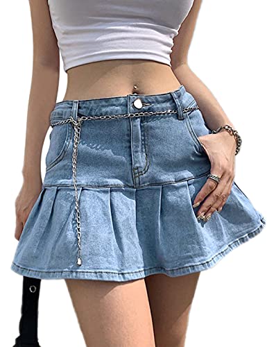 Dqbeng Womens Jean Skirt Y2K High Waist A-Line Ruffle Pleated Denim Mini Skirt (LightBlue-S)