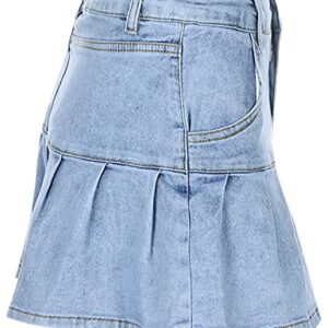 Dqbeng Womens Jean Skirt Y2K High Waist A-Line Ruffle Pleated Denim Mini Skirt (LightBlue-S)