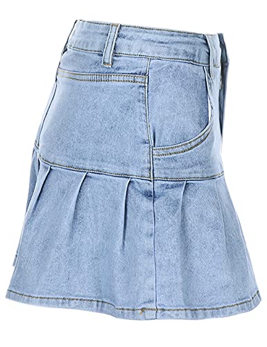 Dqbeng Womens Jean Skirt Y2K High Waist A-Line Ruffle Pleated Denim Mini Skirt (LightBlue-S)