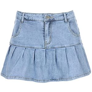 Dqbeng Womens Jean Skirt Y2K High Waist A-Line Ruffle Pleated Denim Mini Skirt (LightBlue-S)