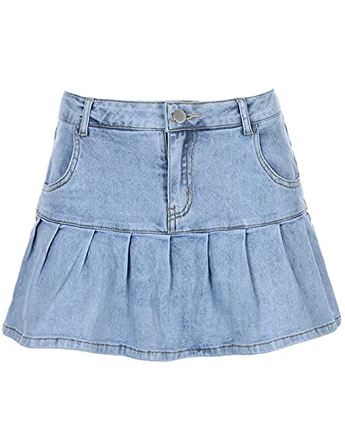 Dqbeng Womens Jean Skirt Y2K High Waist A-Line Ruffle Pleated Denim Mini Skirt (LightBlue-S)