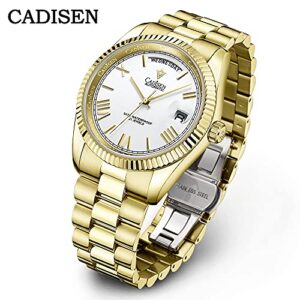 CADISEN Men Automatic Watch Sapphire Luxury Mechanical Wristwatch Stainless Steel Waterproof Watch Men MIYOTA8285 (Golden White Noodles)