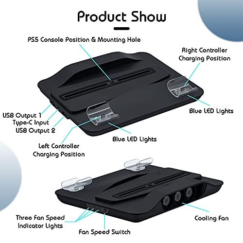 Mcbazel Cooling Fan and Dual Controller Charger Station for PS5 Console, Cooler Station and Charging Dock with Extra USB Ports for Playstation 5 UHD and Digital Edition – Black