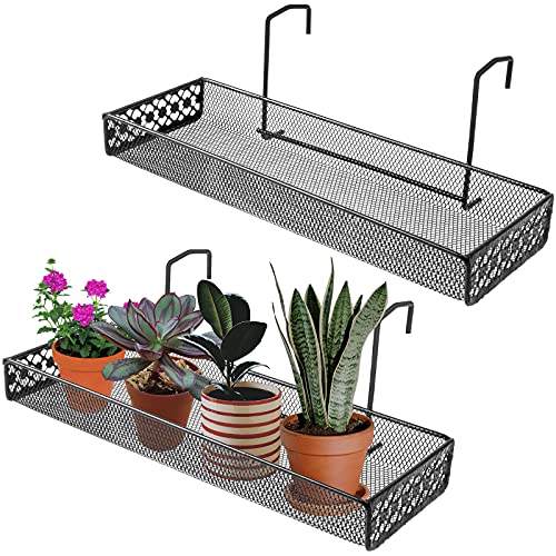 OBANGONG 2 PCS Iron Hanging Railing Planter Shelf Basket with Hooks,Balcony Plant Pot Shelf Holder Fence Flower Stand Basket for Patio Porch Fence and Balcony Decorate