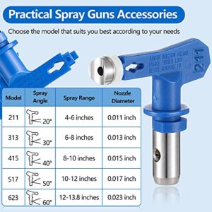 Reversible Nozzles Paint Spray Tips Airless Sprayer Nozzles Spraying Machine Parts in Blue for Homes Buildings Decks or Fences(5 Pieces,211, 313, 415, 517, 623)