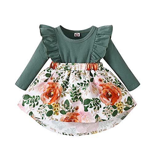 OLLUISNEO Newborn Baby Girl Dress Infant Romper Outfits Ruffle Long Sleeve Dresses Baby Green Dress Fall Baby Girl Clothes 0-3 Months