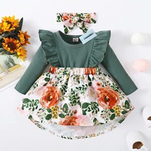 OLLUISNEO Newborn Baby Girl Dress Infant Romper Outfits Ruffle Long Sleeve Dresses Baby Green Dress Fall Baby Girl Clothes 0-3 Months