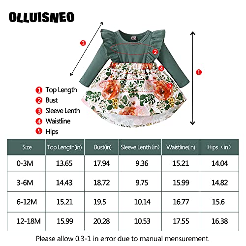 OLLUISNEO Newborn Baby Girl Dress Infant Romper Outfits Ruffle Long Sleeve Dresses Baby Green Dress Fall Baby Girl Clothes 0-3 Months