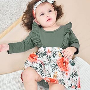 OLLUISNEO Newborn Baby Girl Dress Infant Romper Outfits Ruffle Long Sleeve Dresses Baby Green Dress Fall Baby Girl Clothes 0-3 Months