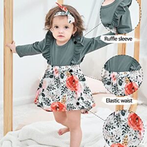 OLLUISNEO Newborn Baby Girl Dress Infant Romper Outfits Ruffle Long Sleeve Dresses Baby Green Dress Fall Baby Girl Clothes 0-3 Months