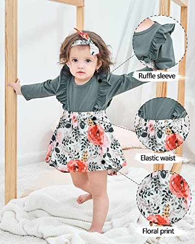 OLLUISNEO Newborn Baby Girl Dress Infant Romper Outfits Ruffle Long Sleeve Dresses Baby Green Dress Fall Baby Girl Clothes 0-3 Months