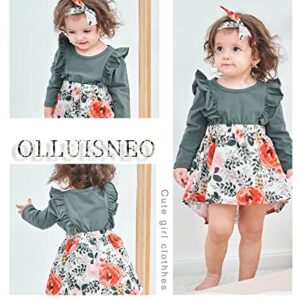 OLLUISNEO Newborn Baby Girl Dress Infant Romper Outfits Ruffle Long Sleeve Dresses Baby Green Dress Fall Baby Girl Clothes 0-3 Months