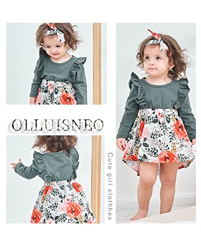 OLLUISNEO Newborn Baby Girl Dress Infant Romper Outfits Ruffle Long Sleeve Dresses Baby Green Dress Fall Baby Girl Clothes 0-3 Months