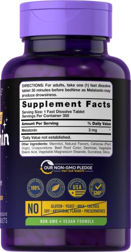 Carlyle Melatonin 3mg Fast Dissolve Tablets | 350 Count | Low Dose and Drug Free | Vegan, Non-GMO, Gluten Free