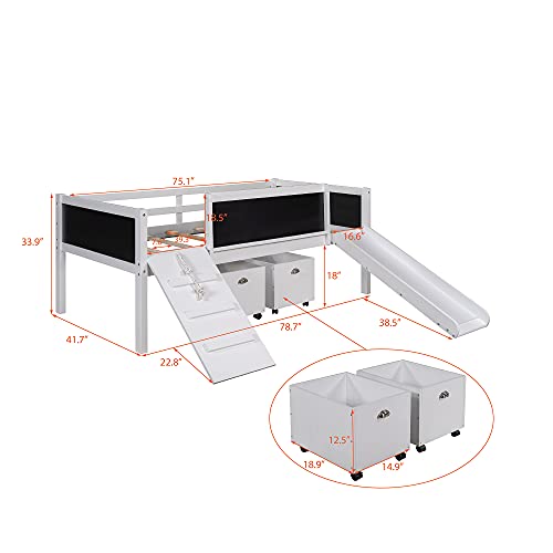 Harper & Bright Designs Kids Loft Bed with Slide and Double-Sided Chalkboard, Wooden Low Loft Bed Frame with 2 Storage Boxes, Twin Loft Bed for Boys & Girls (New, White)