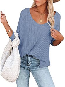 fronage womens waffle knit tunic tops v neck long sleeve casual loose pullover blouses shirts (blue, medium)