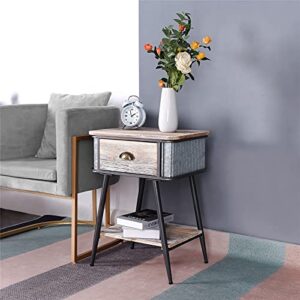 Hoeneo End Table with 1 Drawer,Solid Wood Sofa Side Table,Bedroom Storage Nightstand,Rustic Furniture Easy Assembly (Grey)