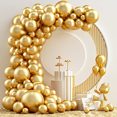 NISOCY Gold Metallic Chrome Latex Balloon Arch Garland Kit, 102PCS 18In 12In 10In 5In for Festival Picnic, Engagement, Wedding, Birthday, Gold Theme Anniversary Celebration Decoration with 33ft Ribbon