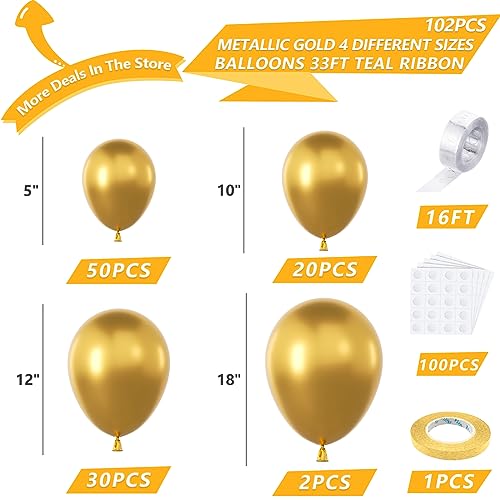 NISOCY Gold Metallic Chrome Latex Balloon Arch Garland Kit, 102PCS 18In 12In 10In 5In for Festival Picnic, Engagement, Wedding, Birthday, Gold Theme Anniversary Celebration Decoration with 33ft Ribbon