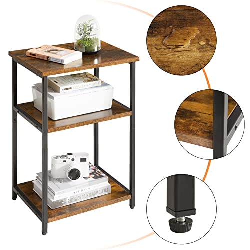 IBUYKE Side Table,3-Tier End Table, Industrial Nightstand Small Table with Storage Shelf, for Bedroom, Living Room, Hallway, Rustic Brown UTMJ402H