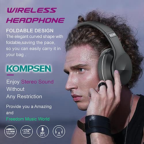 KOMPSEN Adult Noise Cancelling Headphones Wireless Bluetooth Headphones Foldable Over Ear Headphones with Microphone Deep Bass for Cellphone PC Class Game Office Home Travel-Black