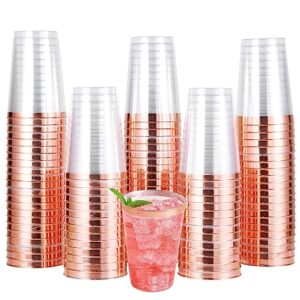 jolly chef 100 pack rose gold plastic cups, 12 oz clear plastic cups tumblers, elegant rose gold rim disposable plastic cups perfect for party wedding