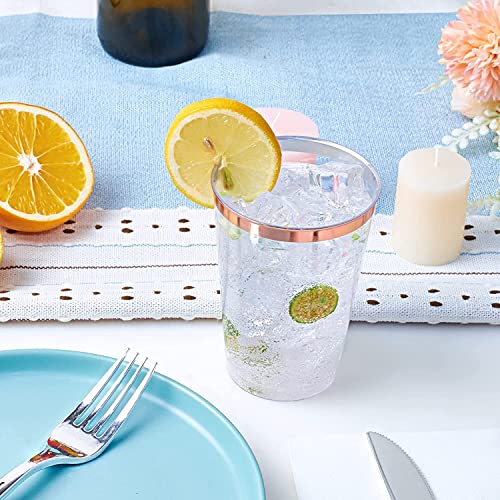 JOLLY CHEF 100 Pack Rose Gold Plastic Cups, 12 oz Clear Plastic Cups Tumblers, Elegant Rose Gold Rim Disposable Plastic Cups Perfect for Party Wedding