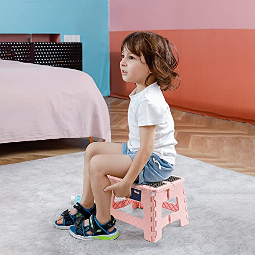 Flottian 9" Folding Step Stool for Adults and Kids Holds Up to 300 lbs,Non-Slip Folding Stools with Portable Handle, Compact Plastic Foldable Step Stool for Bathroom,Bedroom, Kitchen Sakura Pink