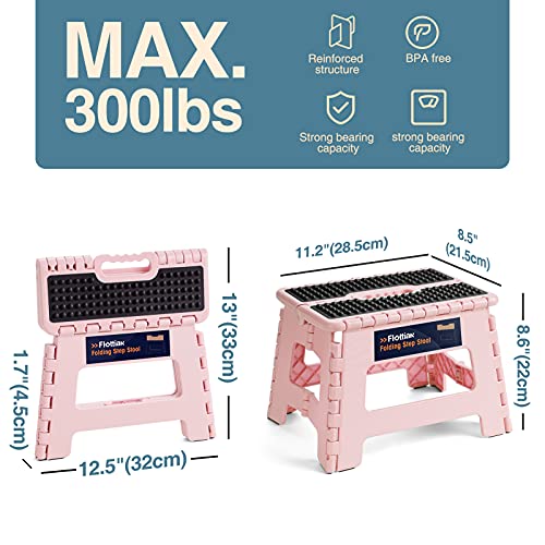 Flottian 9" Folding Step Stool for Adults and Kids Holds Up to 300 lbs,Non-Slip Folding Stools with Portable Handle, Compact Plastic Foldable Step Stool for Bathroom,Bedroom, Kitchen Sakura Pink