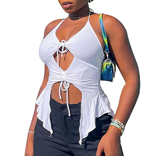 SHESEEWORLD Sexy Hollow Out Spaghhetti Strap Y2K Cropped Tank Top Drawstring Ruched Backless Slim Camisole Shirts Streetwear White