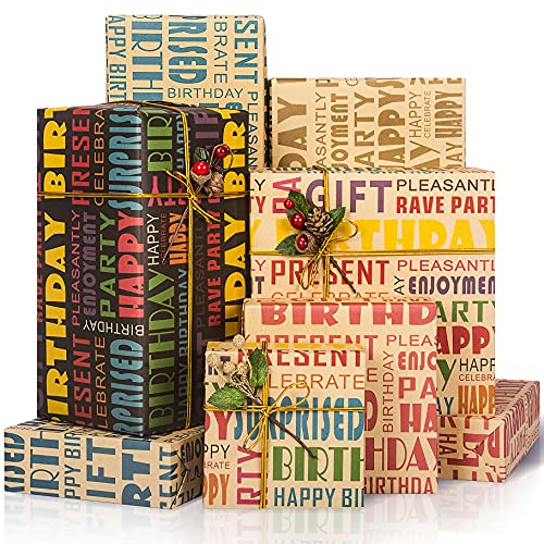 Larcenciel Birthday Wrapping Paper, Kraft Gift Wrapping Paper, Brown Recycled Wrapping Paper, Blue and Red Happy Birthday Design, Gift Wraps for Birthday, Baby Shower, DIY Craft,5 Sheets 27.5x19.6inch