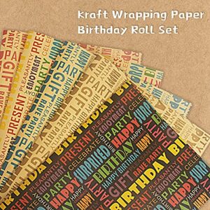 Larcenciel Birthday Wrapping Paper, Kraft Gift Wrapping Paper, Brown Recycled Wrapping Paper, Blue and Red Happy Birthday Design, Gift Wraps for Birthday, Baby Shower, DIY Craft,5 Sheets 27.5x19.6inch