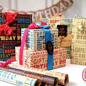 Larcenciel Birthday Wrapping Paper, Kraft Gift Wrapping Paper, Brown Recycled Wrapping Paper, Blue and Red Happy Birthday Design, Gift Wraps for Birthday, Baby Shower, DIY Craft,5 Sheets 27.5x19.6inch