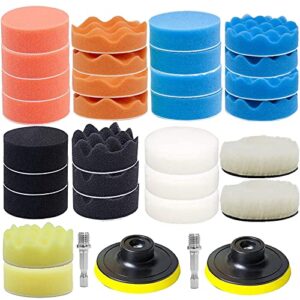 goh dodd 33 pieces 4 inch buffing polishing pads, car foam drill polishing pad kit sponge pads buffer polisher kit headlight restoration kit with wool pads for car polishing, waxing and cleaning