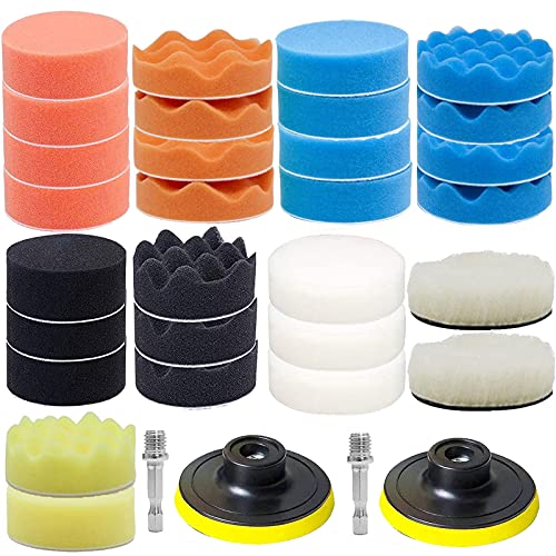 GOH DODD 33 Pieces 4 Inch Buffing Polishing Pads, Car Foam Drill Polishing Pad Kit Sponge Pads Buffer Polisher Kit Headlight Restoration Kit with Wool Pads for Car Polishing, Waxing and Cleaning