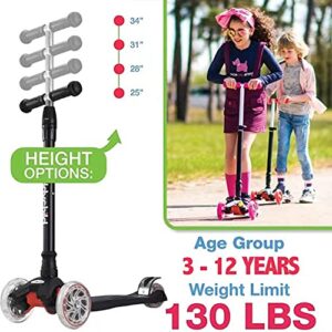 Scooters for Kids 3 Wheel Kick Scooter for Toddlers Girls & Boys, 4 Adjustable Height, Lean to Steer, Extra-Wide Deck, Light Up Wheels for Children from 3 to 14 Years Old