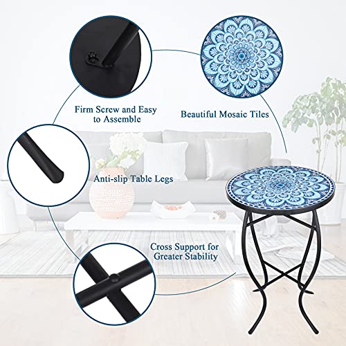 Vipush Outdoor Mosaic Side Table,14'' Round Small Patio Bistro Accent Table Indoor End Table Black Iron Plant Stand for Garden Yard Parch Balcony,Dark Blue