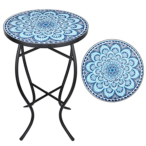 Vipush Outdoor Mosaic Side Table,14'' Round Small Patio Bistro Accent Table Indoor End Table Black Iron Plant Stand for Garden Yard Parch Balcony,Dark Blue